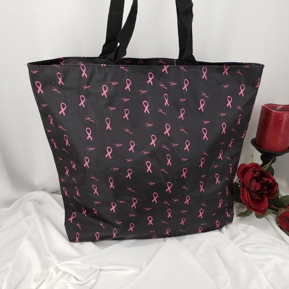 Bags | Black Tote Bag With Pink Ribbon Design | Poshmark